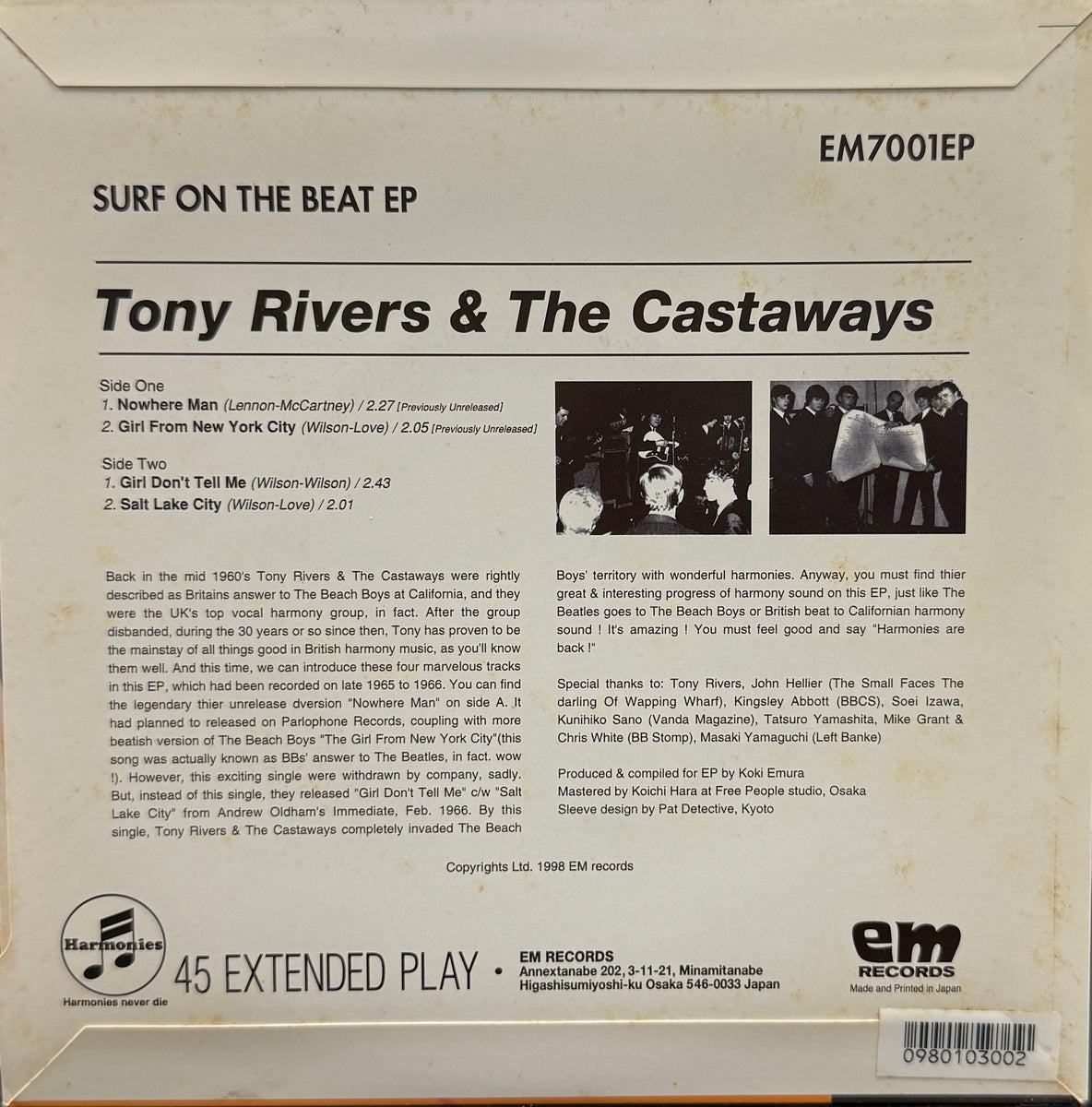 TONY RIVERS & THE CASTAWAYS / Surf On The Beat EP ( EM Records – EM700 ...